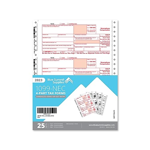 Blue Summit Supplies 2024 1099-NEC 4 Part Carbonless Tax Forms for Dot Matrix Printers, Tax Form Kit Designed for Use with QuickBooks and Accounting Software, 25 Pack