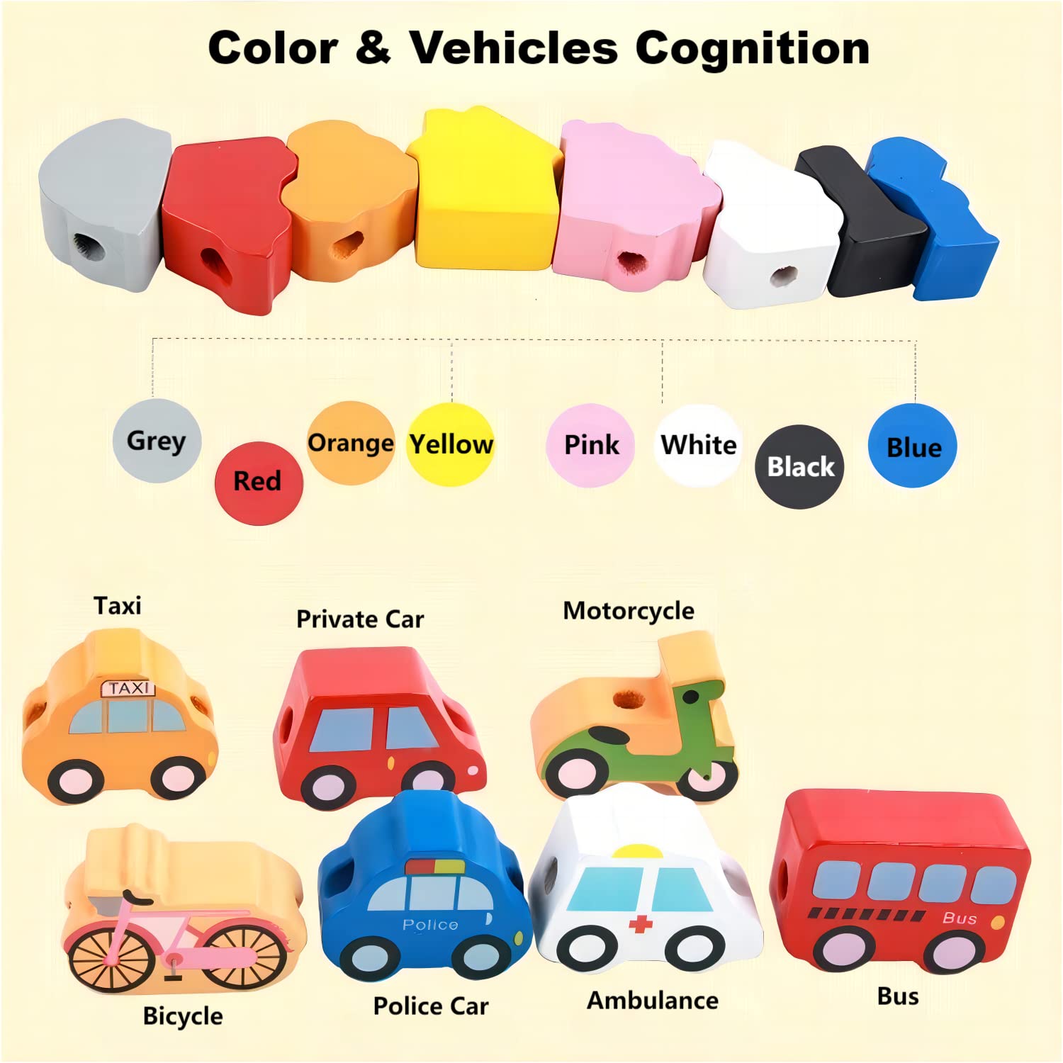 KanCai Wooden City Figures and Cars Lacing & Stringing Beads Toys Over 3 4 5 Year Old Kids Block Set Toy
