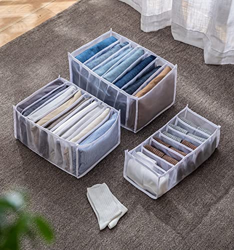 Wardrobe Clothes Organizer,7 Grids Washable Clothes Organizer for Folded Clothes, Mesh Clothes Storage Organizer Separation Box for Jeans, Leggings, Underwear, Socks, T-shirts (White, 2pc-Large)