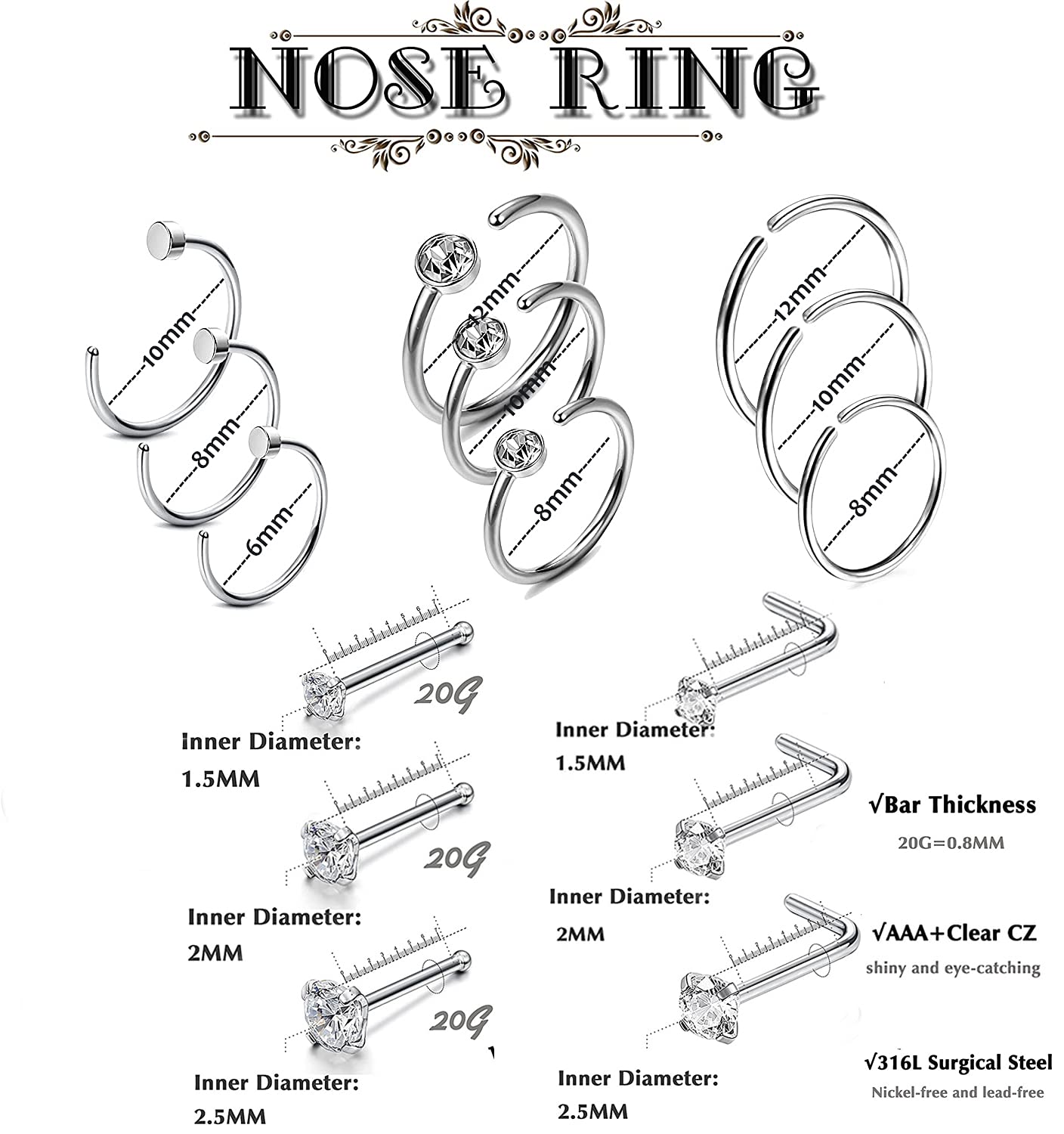 Jstyle 20G 15Pcs Stainless Steel Nose Rings Studs for Women Men Hoop Piercing Body Jewelry
