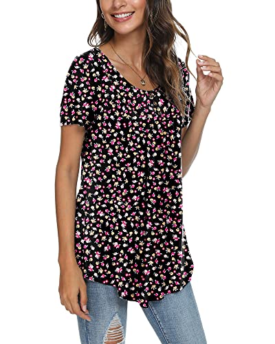 Netsmile Womens Summer Casual Short Sleeve Shirt for Leggings Pleated Button Up Tunic Top Loose Blouse, 2XL, Little Flower Black