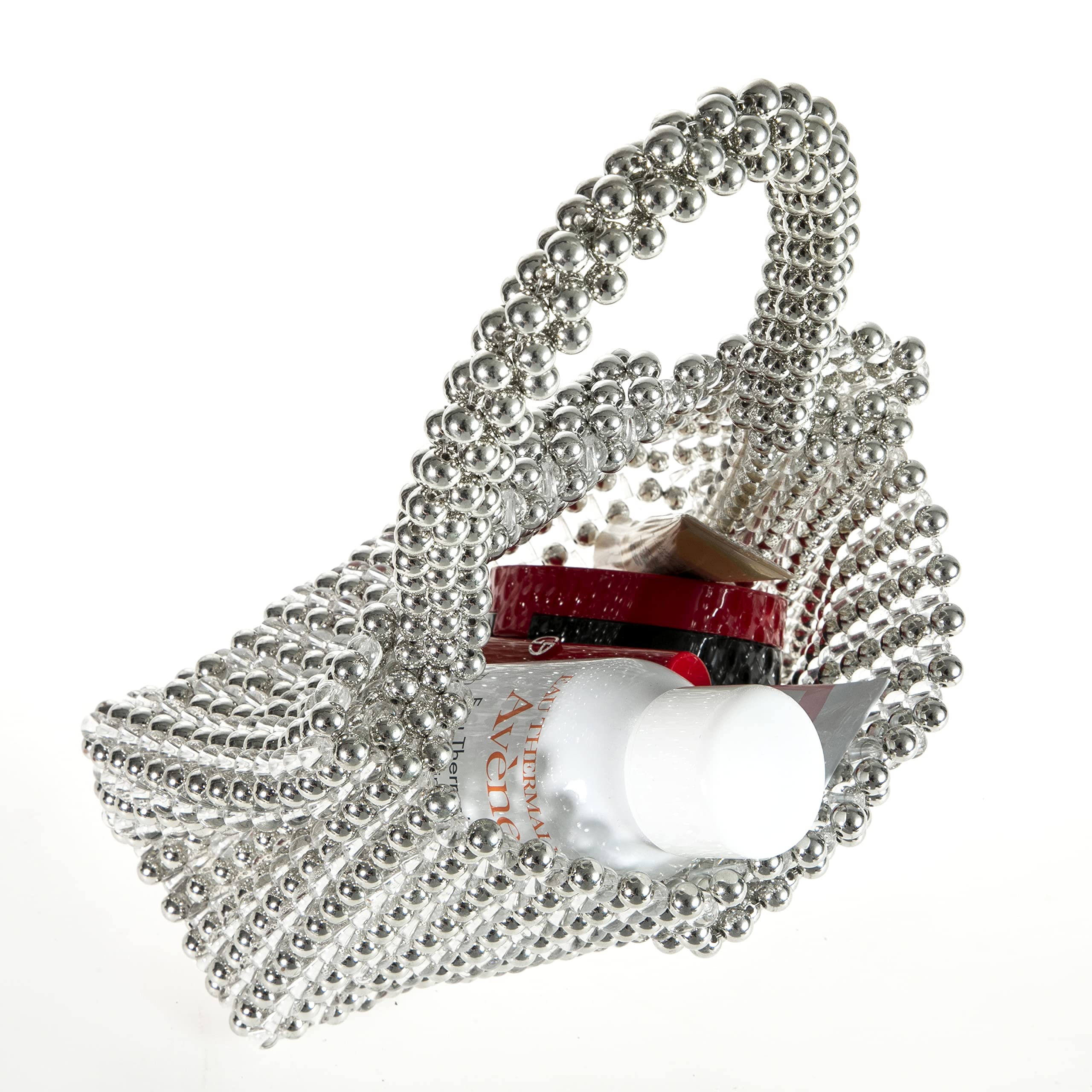 YUSHINY Women Acrylic Beaded Evening Tote Medium HandBag with Pull-on Closure for Wedding Party (Silver&Transparent)