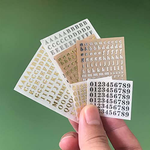 HYMAOME 6 Sheets Alphabet&Number Stickers Mini Self Adhesive Resin Letter Sticker Shiny Digital Stickers Gold/Silver Labels 3mm for Nail Art, Scrapbooking, Card Making, Journaling