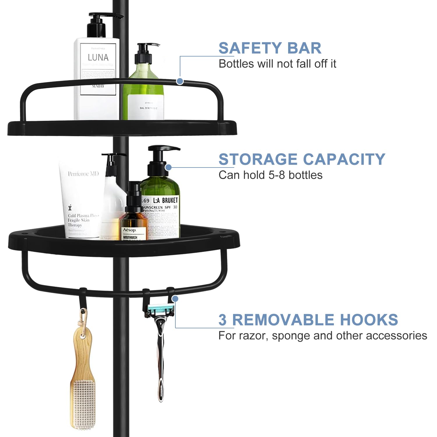 H-A Strong Shower Storage Caddy,SturdyTension Corner Pole Caddy,Commercial Grade Rustproof Bathroom Bathtub Adjustable Corner Rack (Black)