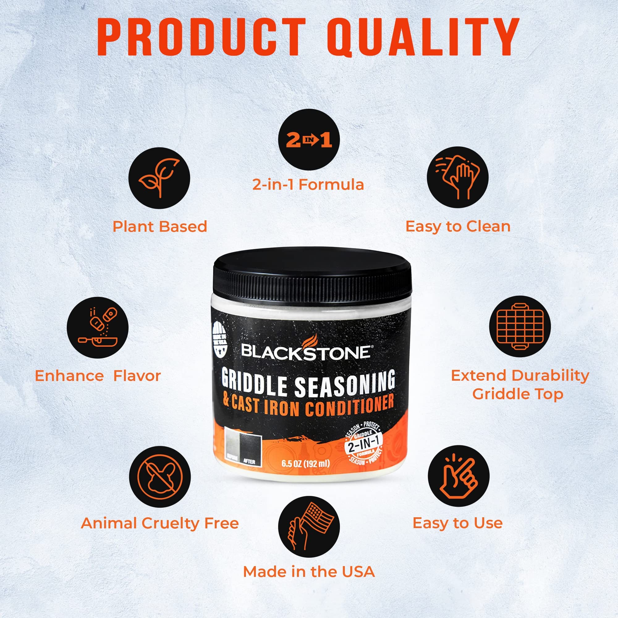 Blackstone 2-IN-1 Griddle & Cast Iron Seasoning Conditioner 6.5 OZβ Effective Seasoning Rub Formula β Food Safe β Easy to Use Cleaner & Conditioner β with Satisfying Customers Travel Tissue (2Pack)