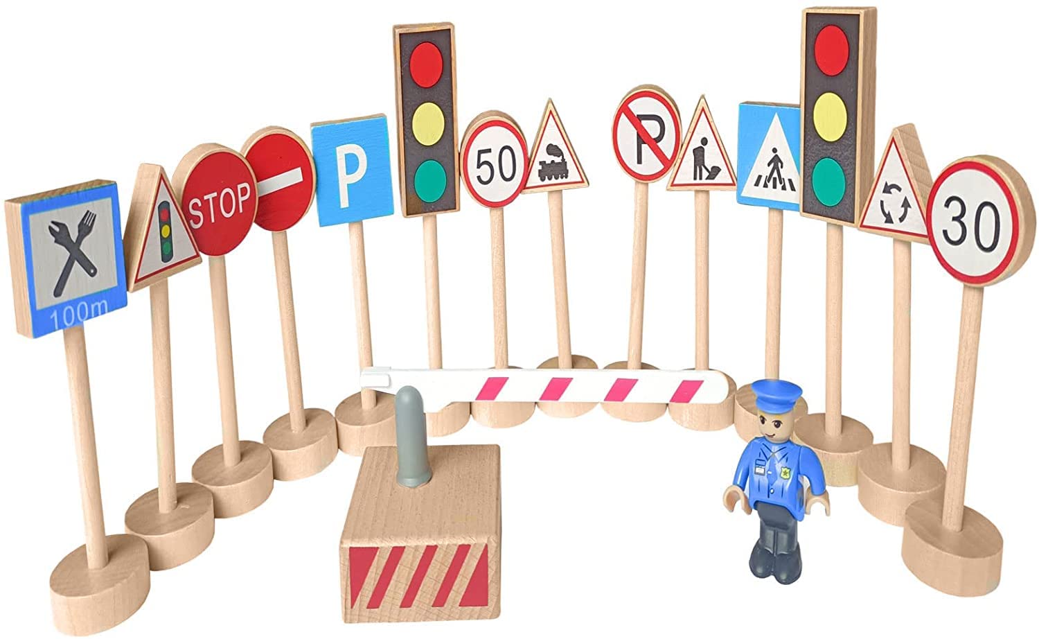 Kaptin 15 Pcs Wooden Street Signs Playset, Traffic Signs Lights Playset for Children Play