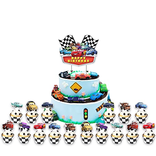 Cars Lightning McQueen Cake Topper and Cup Cake Topper for Kids Birthday Race Car Themed Cake Decorations