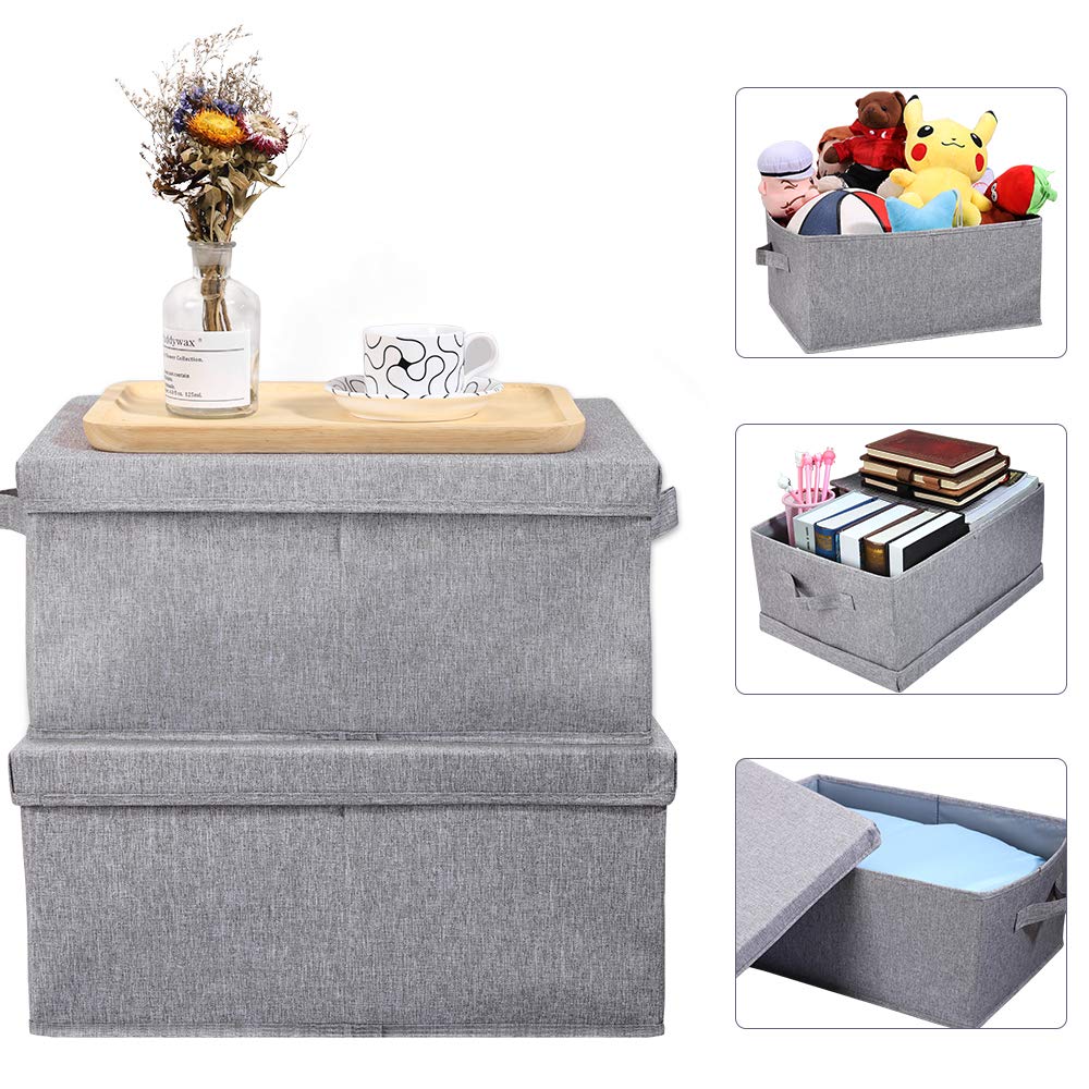 HOONEX Linen Foldable Storage Bins with Lids, 2 Pack, Storage Boxes with Carrying Handles and Study Heavy Cardboard, 16.5" L x 11.8" W x 7.5" H for Toy, Shoes, Books, Clothes, Nursery, Light Grey