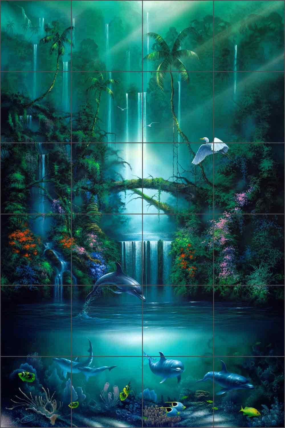 Waterfall Tile Backsplash Enchanted Pool by David Miller Art Kitchen Bathroom Shower Ceramic Mural (24" x 36" on 6" Tiles)