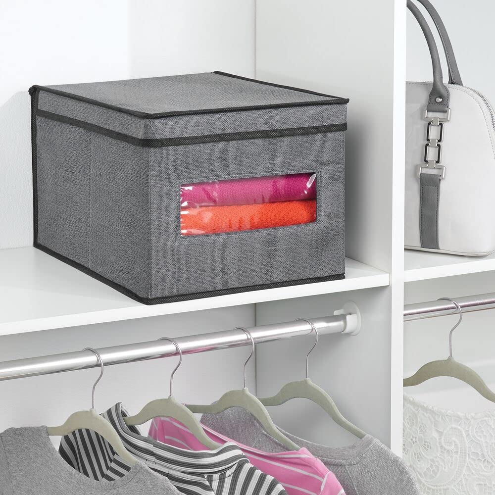 mDesign Large Fabric Stackable Closet Organizer Box with Clear Window/Lid for Bedroom, Office, Bathroom, Mudroom Organization - Shoe, Sweater, Clothes Storage, Lido Collection, Dark Gray/Black