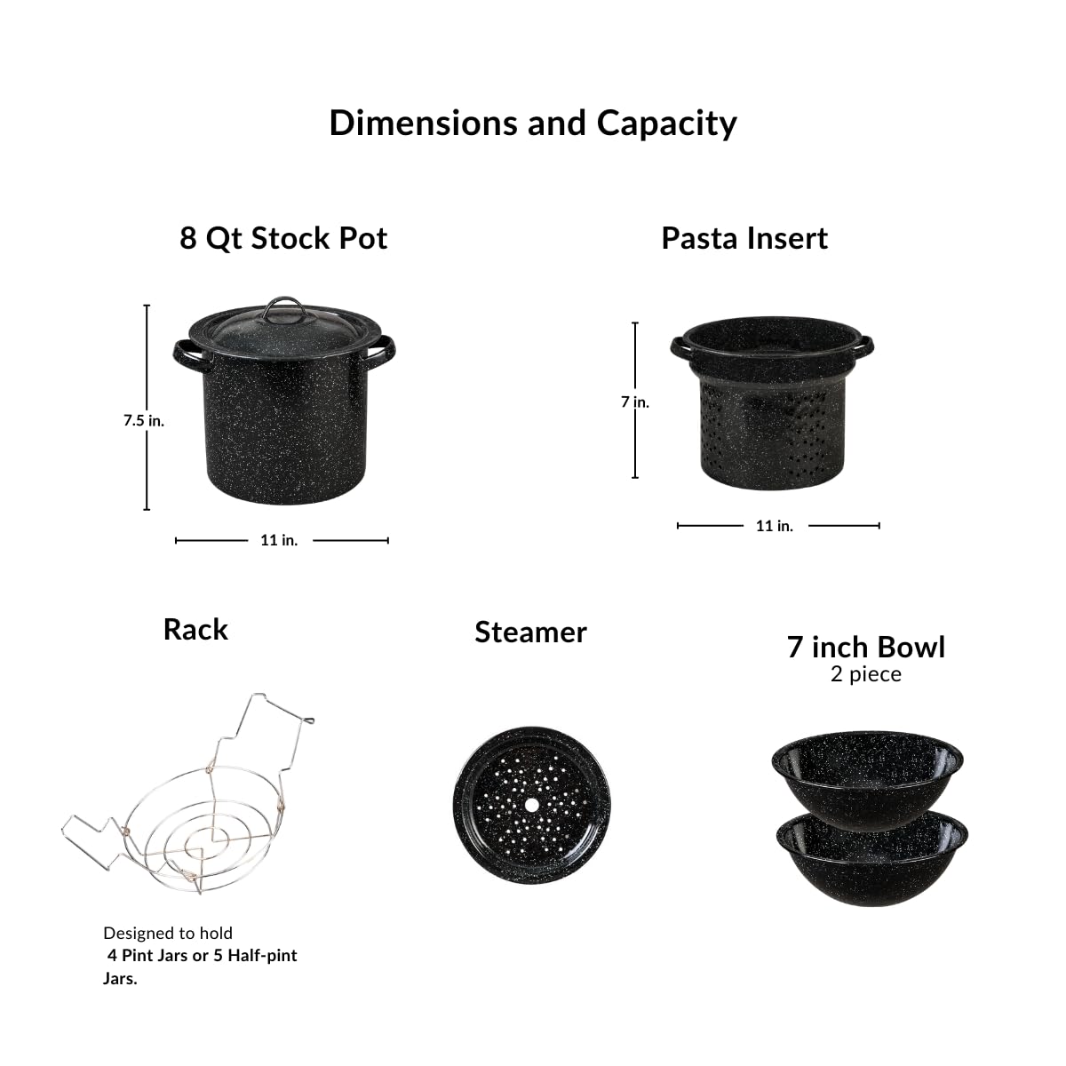Granite Ware 3 -in-1 Stock Pot - Enameled Steel Pot Ideal for Pasta, Tamales & Canning - Speckled Black Multi Use Pot Set (8 Quarts)