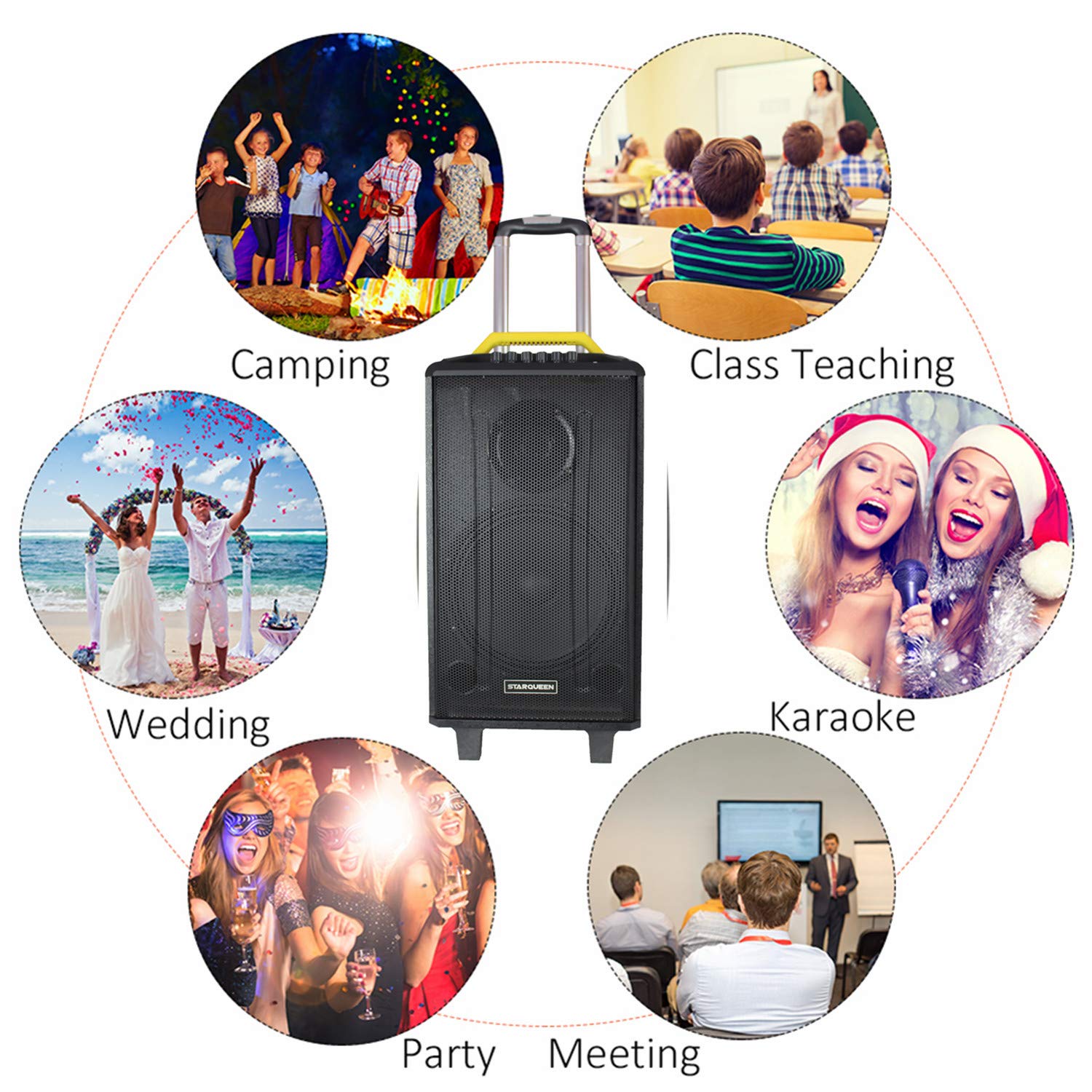 Karaoke Machine Speaker Pa System with 10Inch Woofer Professional Party Speaker with 2 UHF Wireless Mics and Remote Control, AUX/USB/SD/Guitar Input for Party, DJ and Outdoor Activities QX-1014