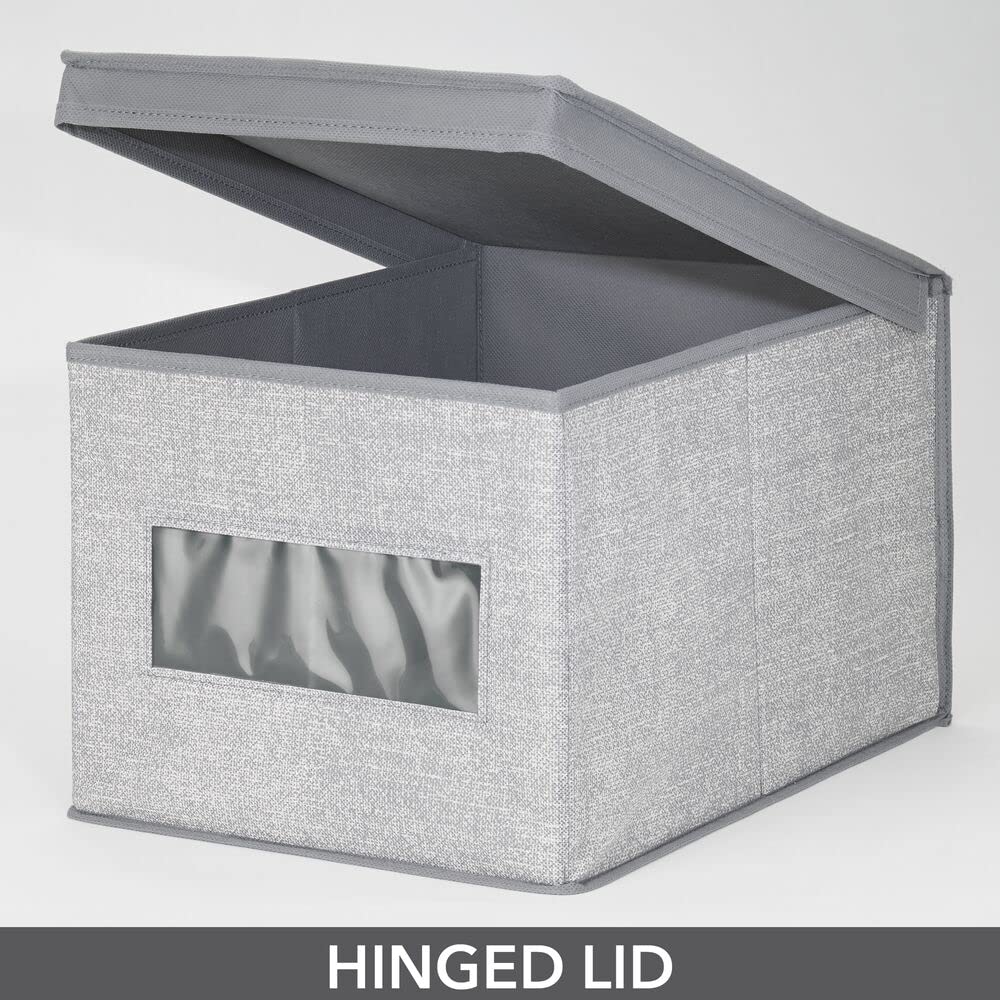 mDesign Large Fabric Stackable Closet Organizer Box with Clear Window/Lid for Bedroom, Office, Bathroom, Mudroom Organization - Shoe, Sweater, Clothes Storage, Lido Collection, 6 Pack, Gray