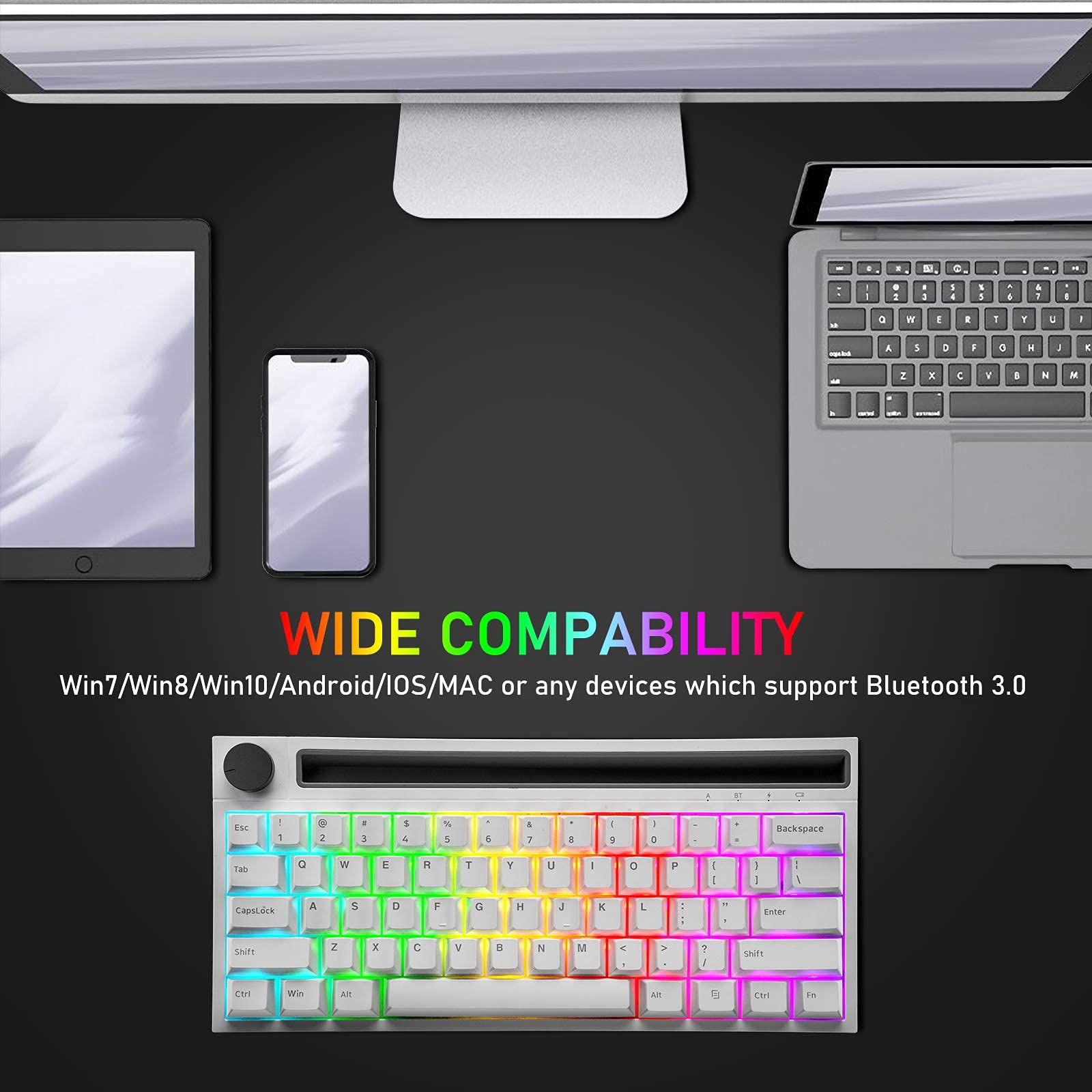 Bluetooth Mechanical Gaming Keyboard with 19 RGB Backlight Mini 61 Key Multimedia Knob Rechargeable 4400mAh Battery Type C Wired/Wireless for PC Mac Mobile Phone Gamer Typist (White/Pink Switch)