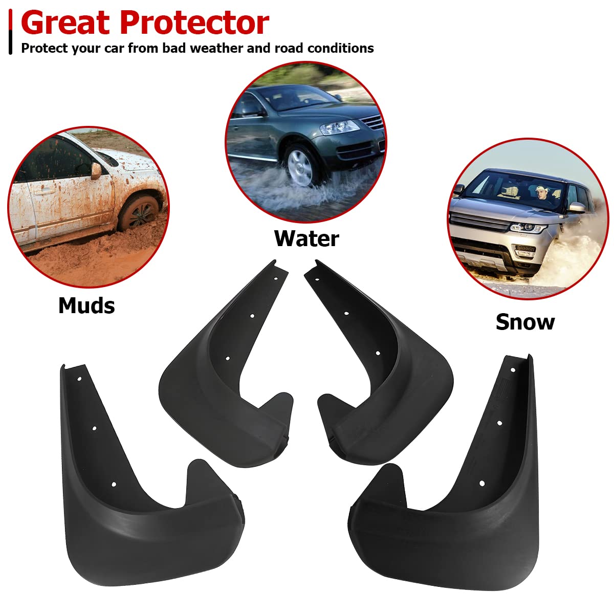 Car Mud Flaps, 4PCS Front and Rear Side Splash Guards Winter Vehicle Sediment Protection, No Drilling Mudguards Fenders with Hardware Kits, Car Accessories Compatible with Sedan Vehicle