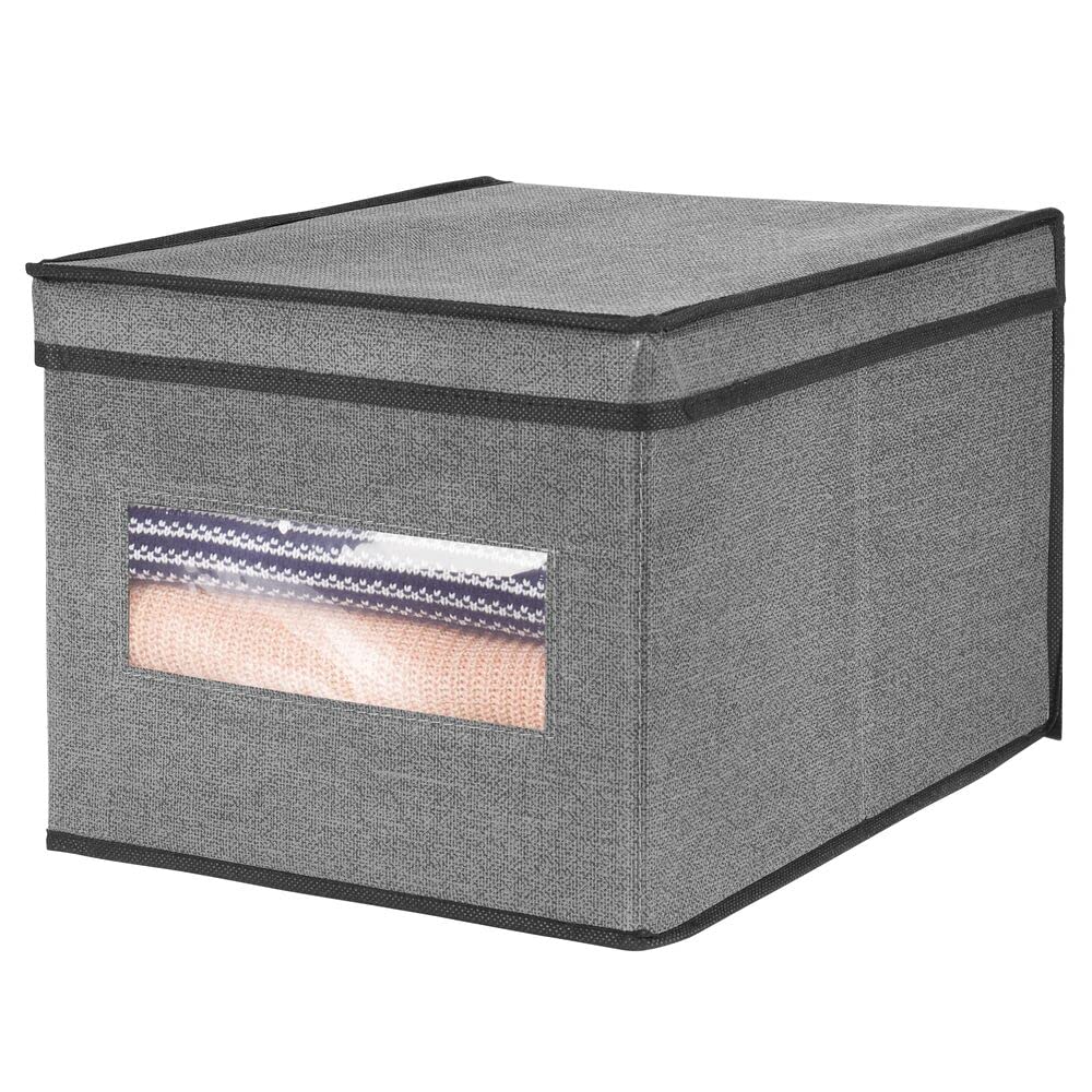 mDesign Large Fabric Stackable Closet Organizer Box with Clear Window/Lid for Bedroom, Office, Bathroom, Mudroom Organization - Shoe, Sweater, Clothes Storage, Lido Collection, 2 Pack, Dark Gray/Black