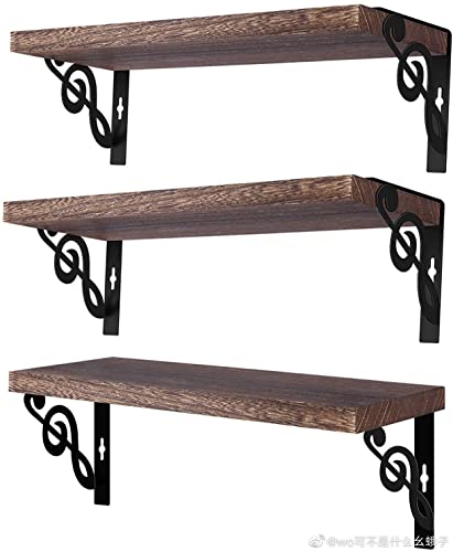 Floating Wall Shelves Set of 3, 16-Inch Solid Wood Floating Shelves Cat Climbing, Wall Mounted Shelf Organizer for Living Room, Bedroom, Kitchen, Bathroom, Office (Carbonized-Brown)