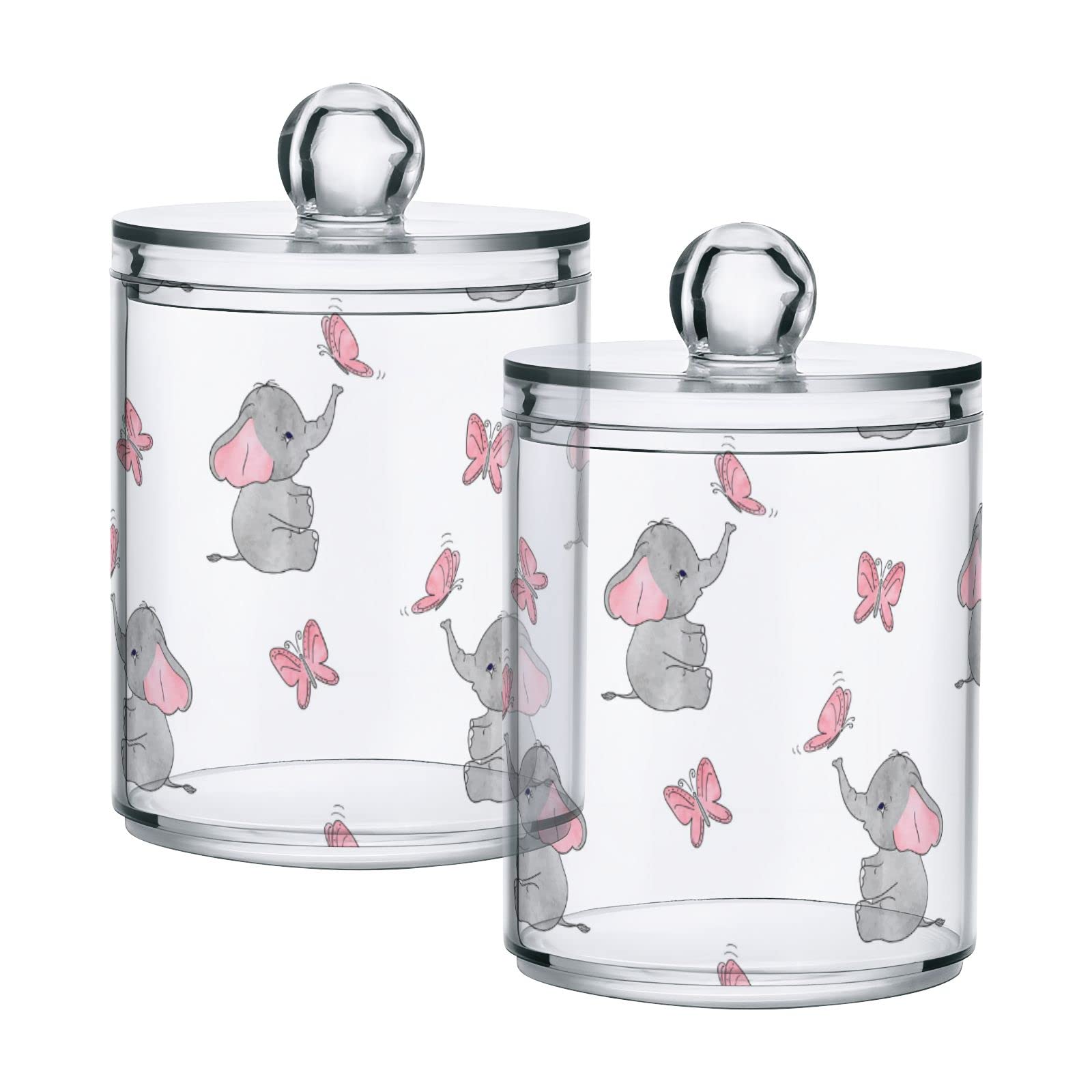 YYZZH Cute Elephant Baby Play With Butterfly Animal 2 Pack Qtip Holder Dispenser for Cotton Swab Ball Round Pads Floss 10 Oz Apothecary Jar Set for Bathroom Canister Storage Makeup Organizer