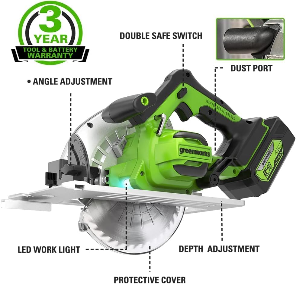 Greenworks 24V Brushless 7-1/4-inch Circular Saw,4,500 RPM,0-45 Degree Bevel Capability,with Charger and 24V 4Ah USB Battery