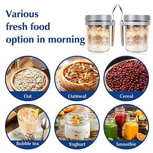Overnight Oats Jars with Spoon and Lid 16 oz [2 Pack], Airtight Oatmeal Container with Measurement Marks, Mason Jars with Lid for Cereal On The Go Container (2pcs grey)
