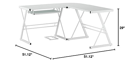 Walker Edison Ellis Modern Glass Top L Shaped Corner Gaming Desk with Computer Keyboard Tray, 51 Inch, White