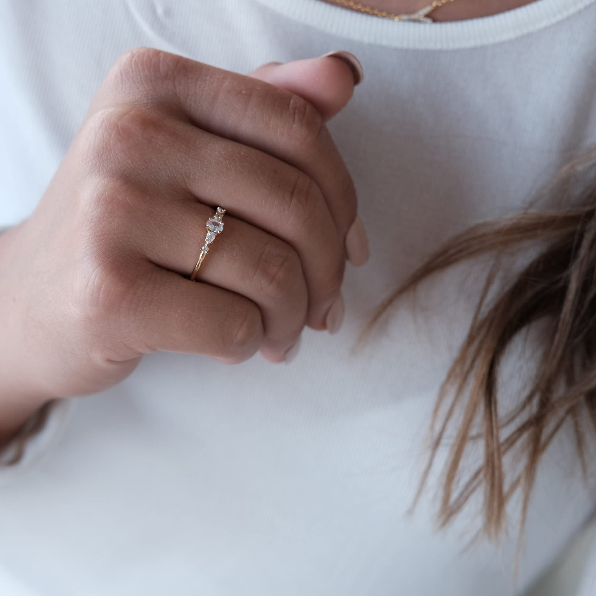 BLOSSOM & HUE Oval Cut Ring - Rhodium Plated .925 Sterling Silver Cluster | Multi CZ Stones Oval Engagement Ring | Delicate Gold Ring CZ Stacking Band