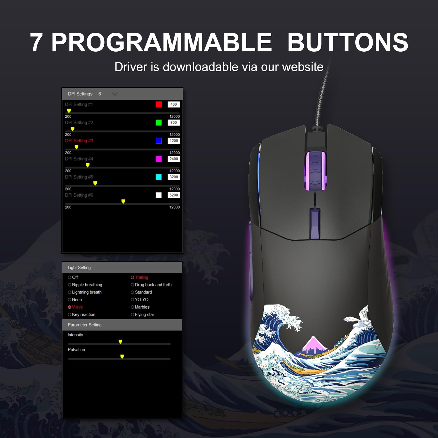 COSTOM G705 Wired Gaming Mouse, RGB Backlit PC Gaming Mouse with Adjustable 12000DPI/7 Programmable Buttons, Gamer Computer USB Mouse for Windows Mac Laptop PC, Coral Sea Theme