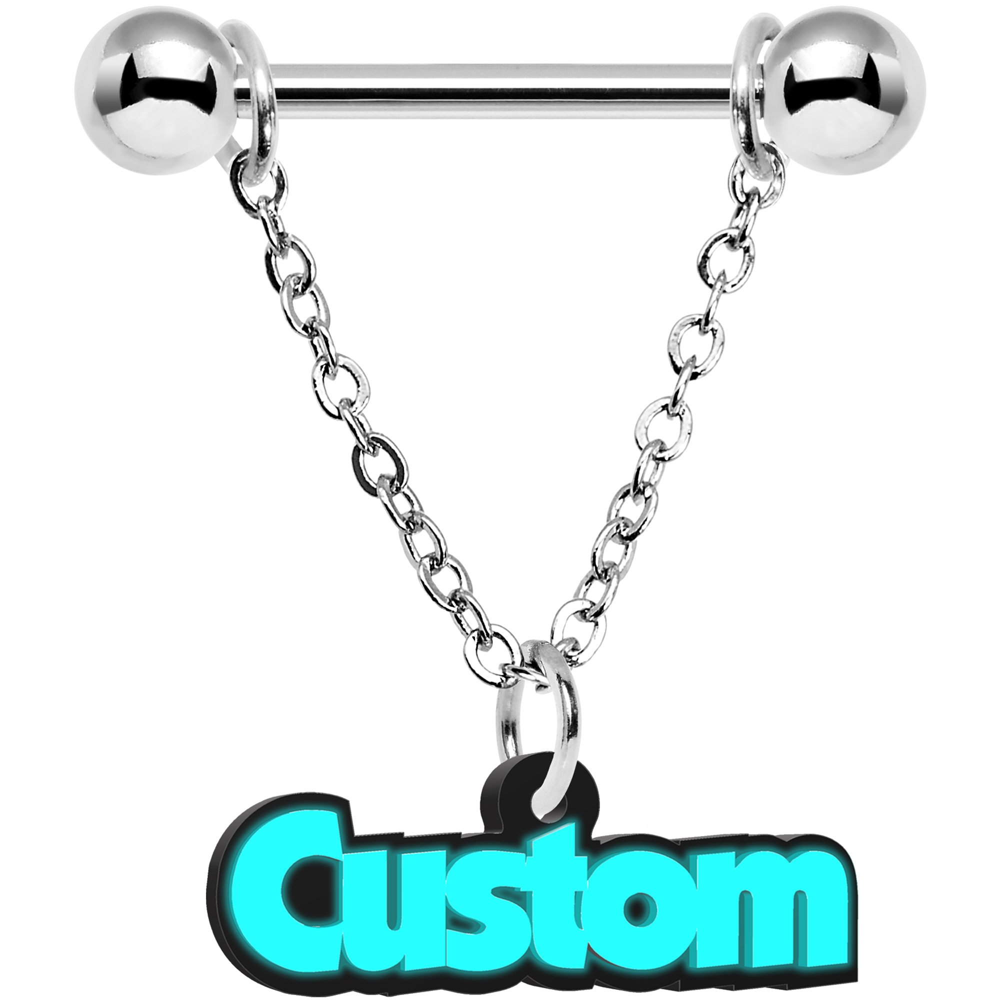 Body Candy Custom Steel Glow Chain Personalized Name Dangle Nipple Ring Set of 2 14 Gauge 5/8"