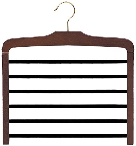 Wooden 6 Tier Pant Hanger w/ Black Velvet Non-Slip Bars, Box of 1 Wood Bottom Hanger w/ Walnut Finish and Chrome Swivel Hook for Jeans Slacks or Trouser by The Great American Hanger Company