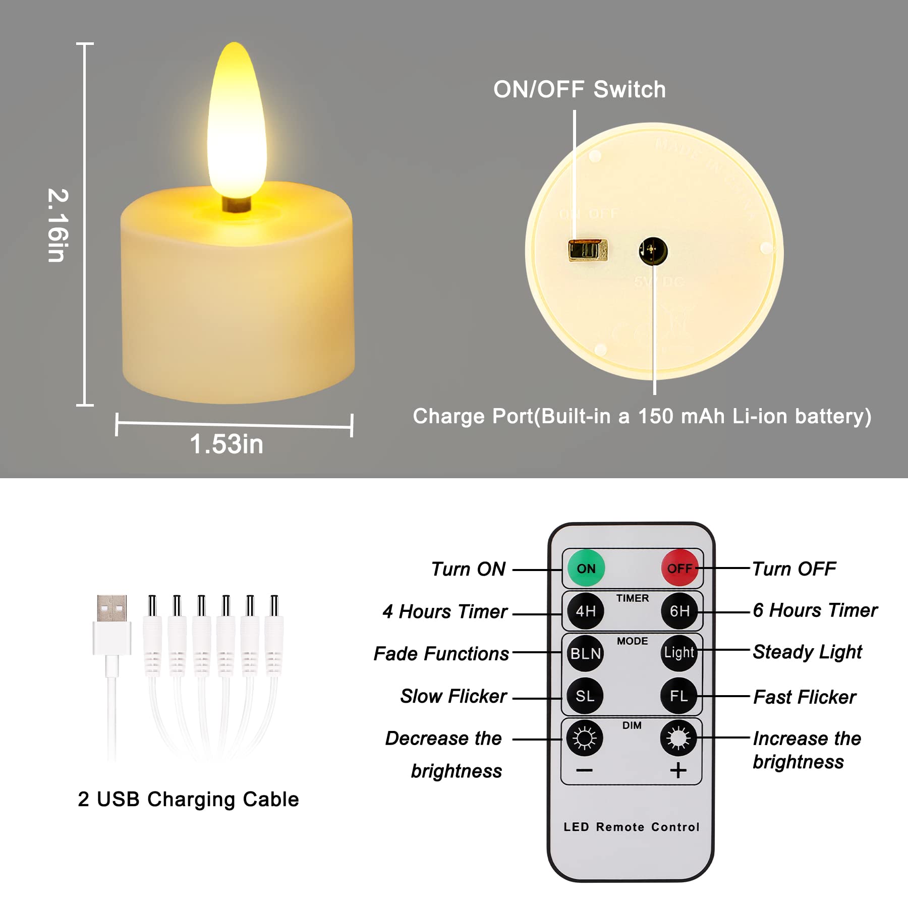 Daord USB Rechargeable 3D Wicks Tealights Candle Flameless Flickering Battery Operated with Remote Control & Timer Realistic Led Tea Lights for Halloween Christmas Home Decor (12 PCS,Rechargeable)