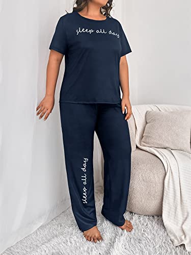 Floerns Women's Plus Size Pajamas Graphic Print Short Sleeve Tee with Pants Pj Set Navy Blue 5XL
