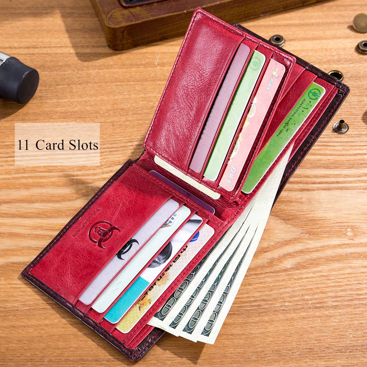 BULLCAPTAIN RFID Wallets for Men Slim Bifold Genuine Leather Front Pocket Wallet with 2 ID Windows QB-05 (Red)