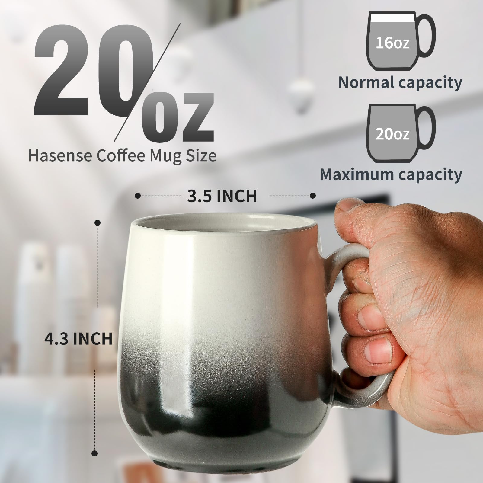 Hasense Large Coffee Mug, 20 OZ Ceramic Coffee Cup with Comfortable Handle for Men and Women, Modern Tea Cups for Coffee, Latte, Cocoa, Cappuccino, Microwave Safe, Grey Brown