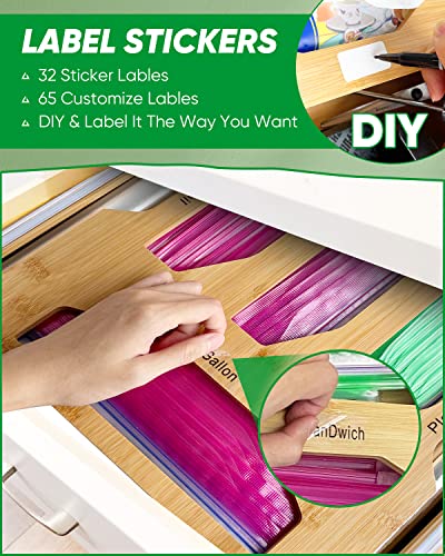 ONUEMP Ziplock Bag Storage Organizer for Kitchen Drawer, Aluminum Foil and Plastic Wrap Dispenser with Slide Cutter Fits 12" Roll, Bamboo Baggie Organizer Holder for Gallon, Quart, Sandwich and Snack