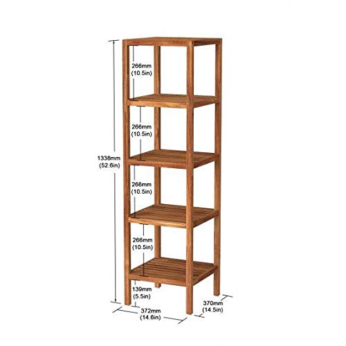INTERBUILD Solid Wood 5 Tier Floor Storage Shelf Rack Multi-Use Standing Organizer in Bathroom, Bedroom, Living Room, Kitchen, Balcony, Office, Golden Teak