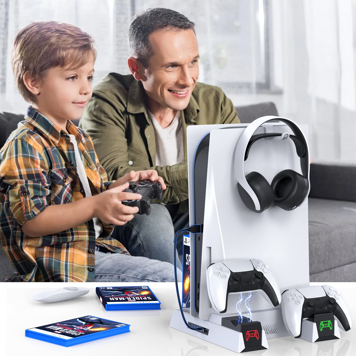 BSOON PS5 Stand with Cooling Fans, Fast Charging, LED Indicators, and Storage Space