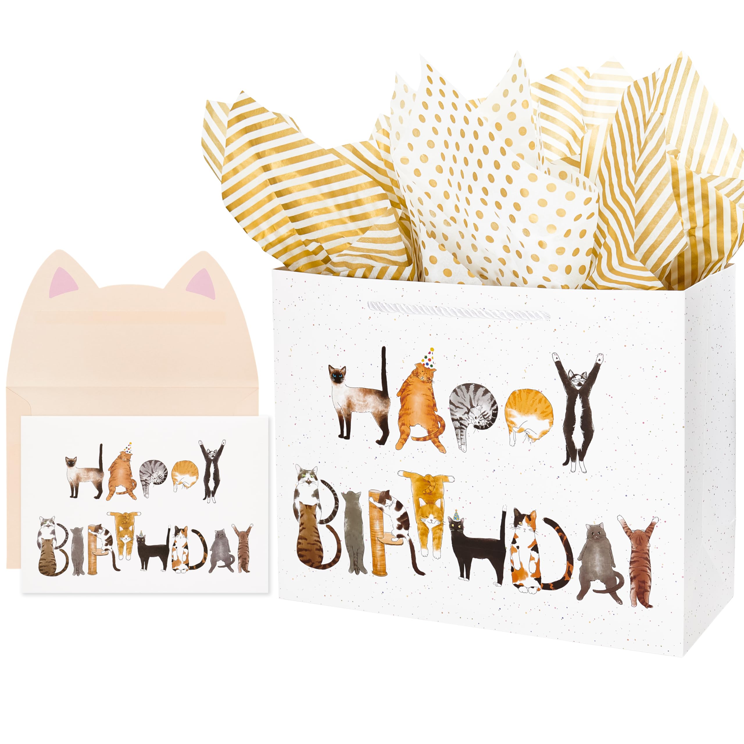 Crisky 13" Large Cat Happy Birthday Gift Bag with Tissue Paper and Card for Girls Kids Adults Women Birthday Party