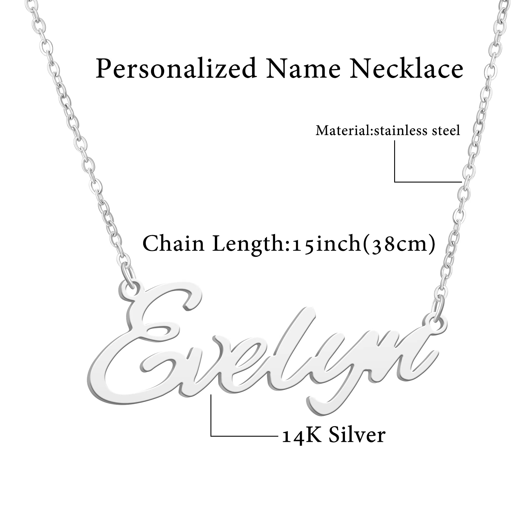 BUREI Name Necklace Personalized Gold Plated friendship Jewelry Women Gift for Her (Evelyn-silver pendant)