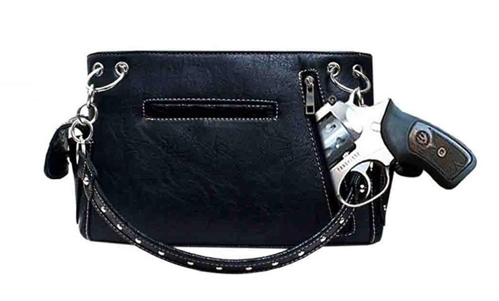 Texas West Western Dales Pony Horse White Mane Embroidery Feather Conceal Carry Women Handbag Purse in 5 colors (Black)