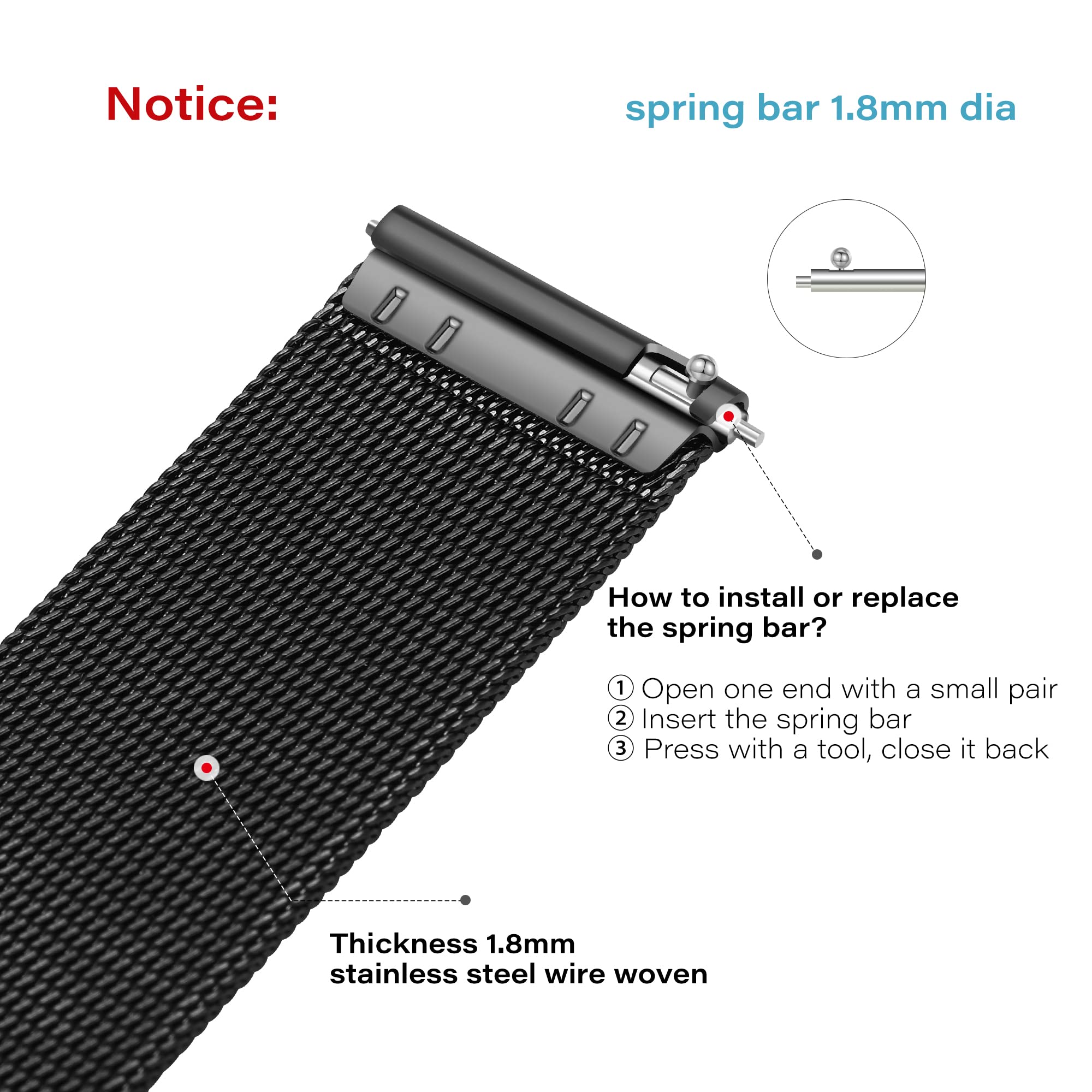 BUREI Stainless Steel Mesh Watch Band for Mens Women Quick Release Mesh Watch Straps 20MM