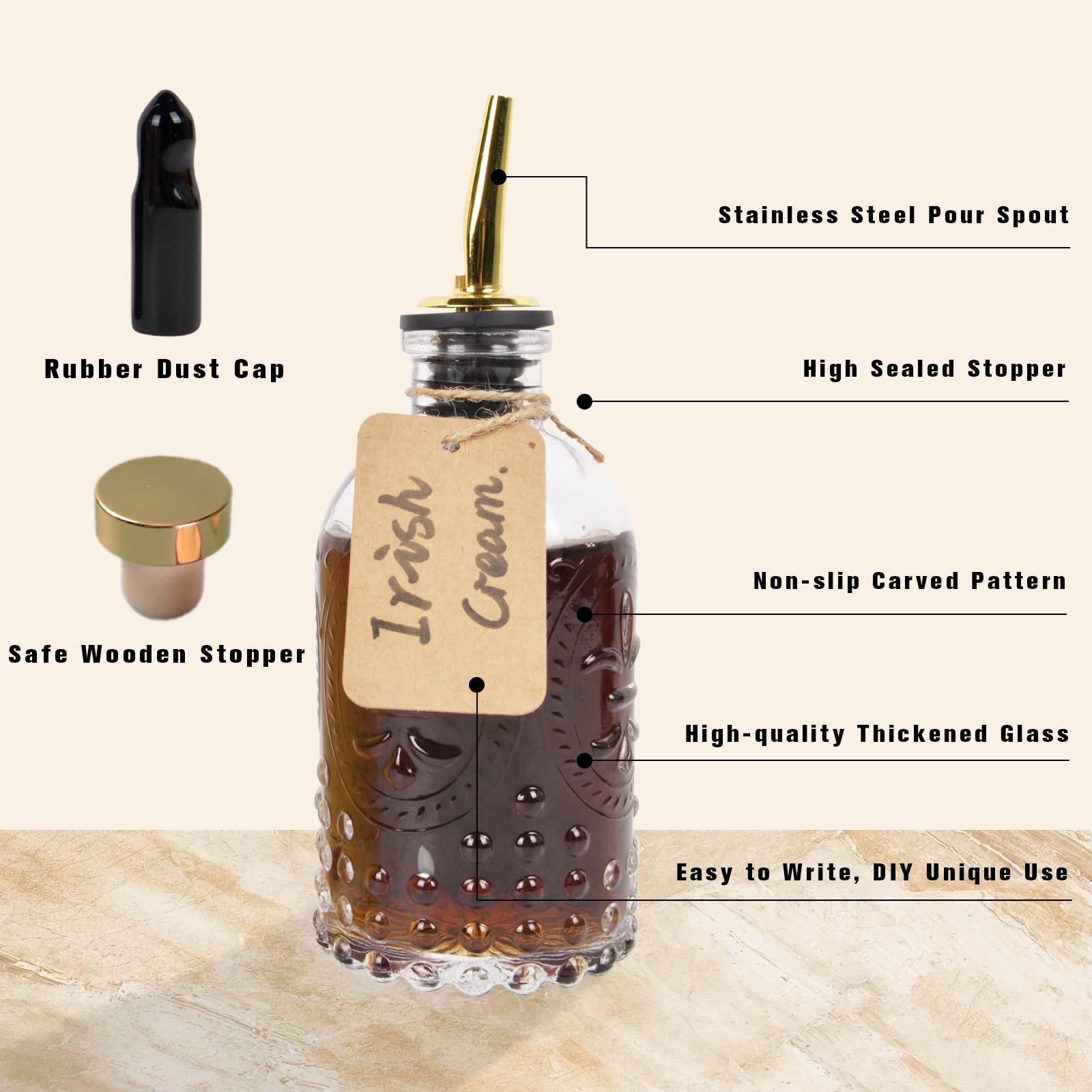 ChezMax Syrup Dispenser Bottles Set of 4, Simple Syrup Bottle for Coffee Bar Accessories, 7 oz Glass Coffee Syrup Dispenser Syrup Containers for Maple Honey Syrup Oil, with Metal Pour Spouts & Labels