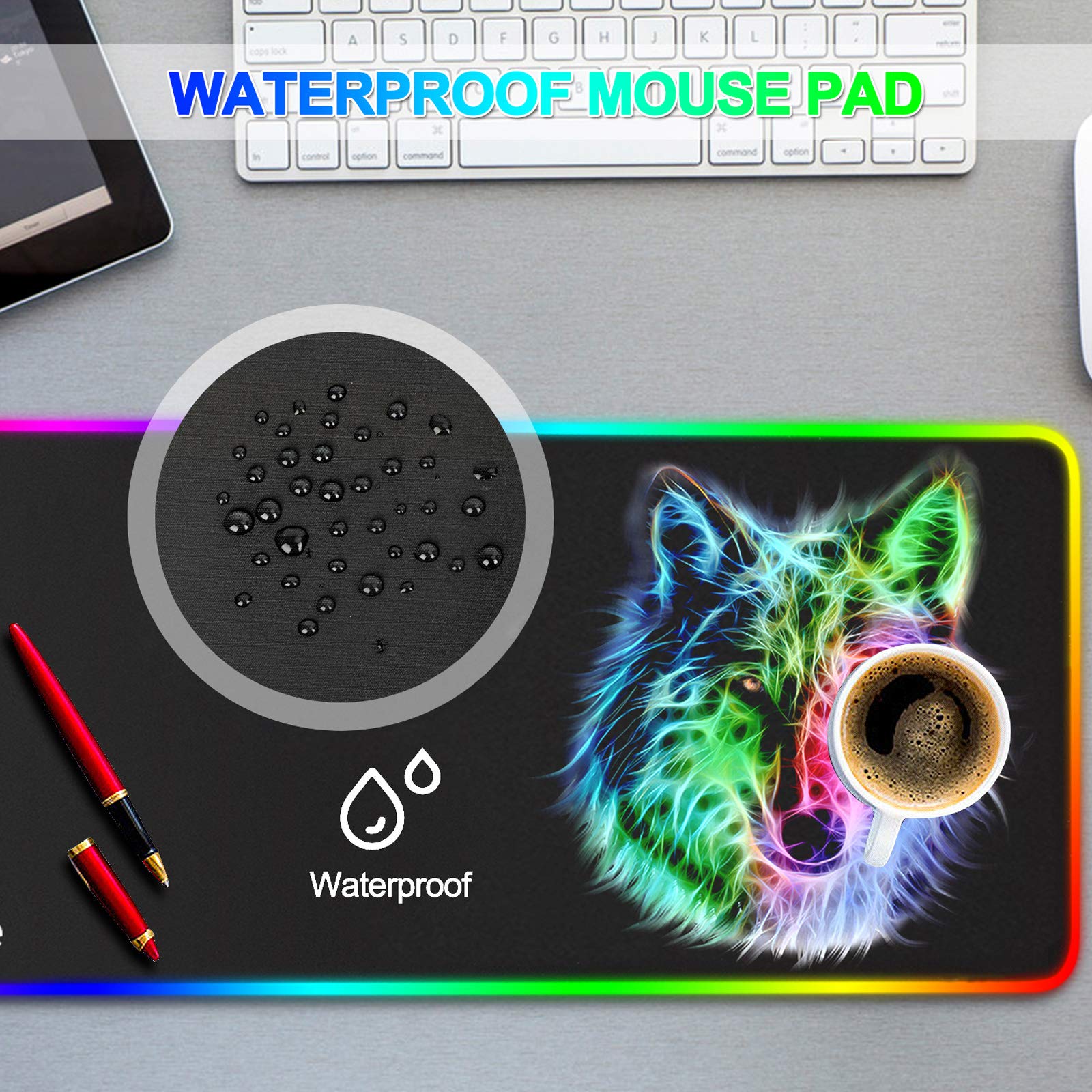 RGB Gaming Mouse Pad - 14 Light Modes Extended Computer Keyboard Mat, Anime LED Mouse Pad Large,High-Performance Mouse Pad Optimized for Gamer 31.5 X 12in (Wolf Mouse pad)