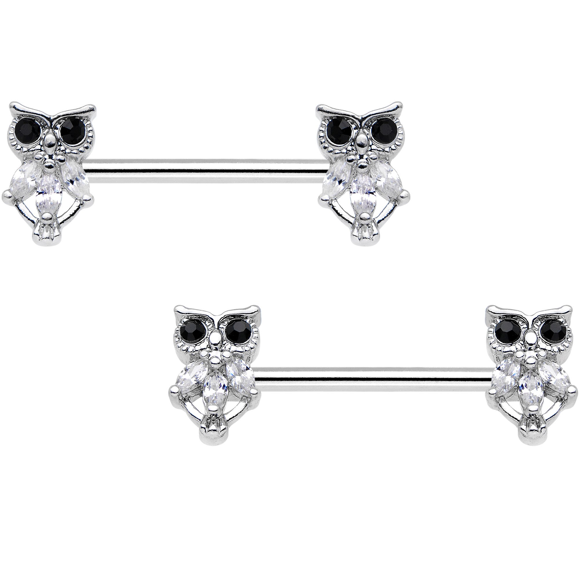 Body Candy Steel Clear Black Accent Wide Eyed Owl Barbell Nipple Ring Set of 2 14 Gauge 9/16"