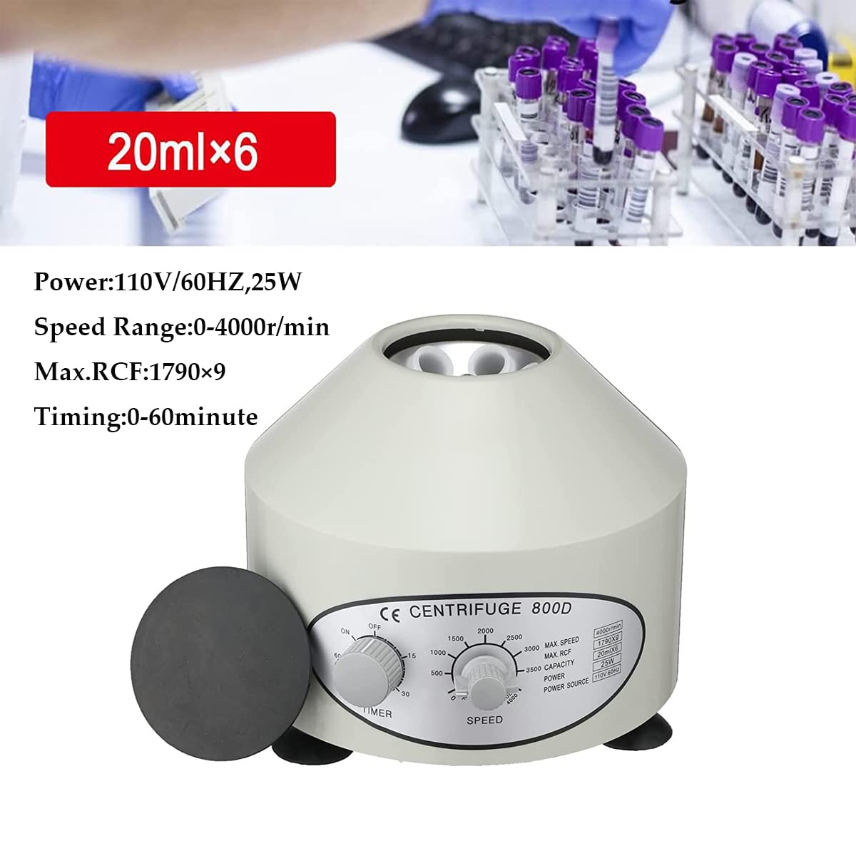 MECCTP Electric Lab Laboratory Centrifuge Machine Lab Medical Practice w/Timer and Speed Control, Max Speed 4000 RPM Capacity 6 x 20ml, Silver, 9.65inch×9inch