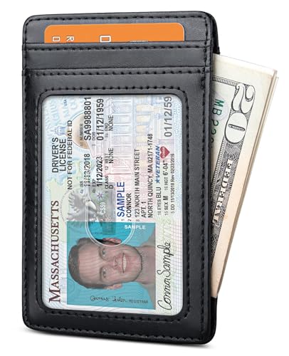 Buffway Mens Slim Wallet, Minimalist Thin Front Pocket Leather Credit Card Holder with RFID Blocking for Work Travel - Seattle Black