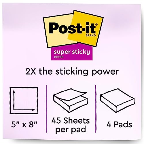 Post-it Super Sticky Notes, 5x8 in, 2 Pads, 2x the Sticking Power, Marrakesh Collection, Primary Colors (Red, Yellow, Green, Blue, Purple), Recyclable (5845-SSAN)