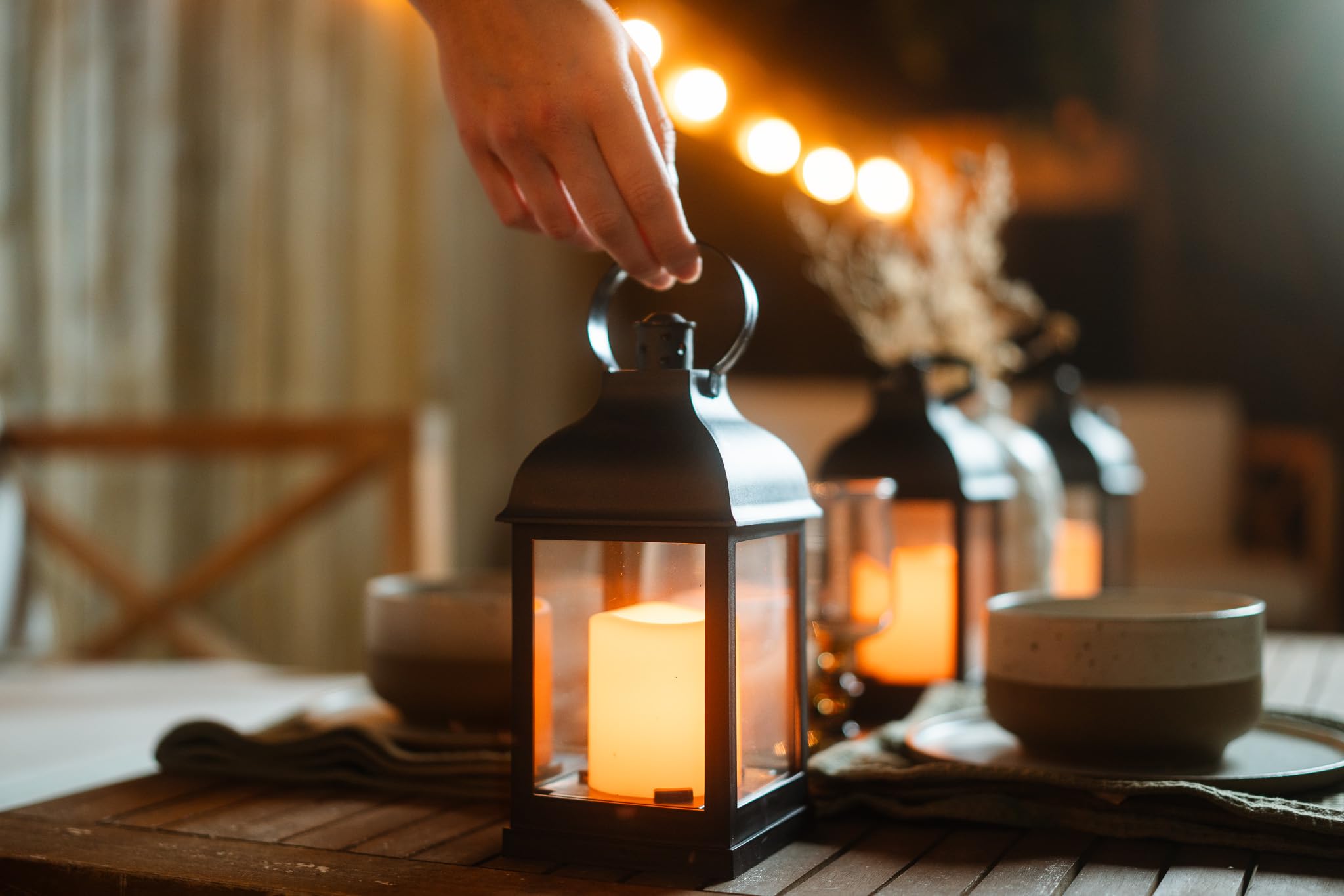Just in Time for Winter {12 Pc Set} 10" Decorative Lanterns with Flameless LED Lighted Candle, 5 Hr Timer, Antique Look Indoor Outdoor Home, Garden, Weddings - Black. Includes Bonus String Lights!