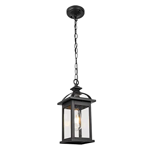 Darkaway Outdoor Pendant Light Fixture Lantern, Hanging Porch Light with Glass Aluminum Outdoor Pendant Lights for Porch, Patio, Entryway (1 Pack, Black)
