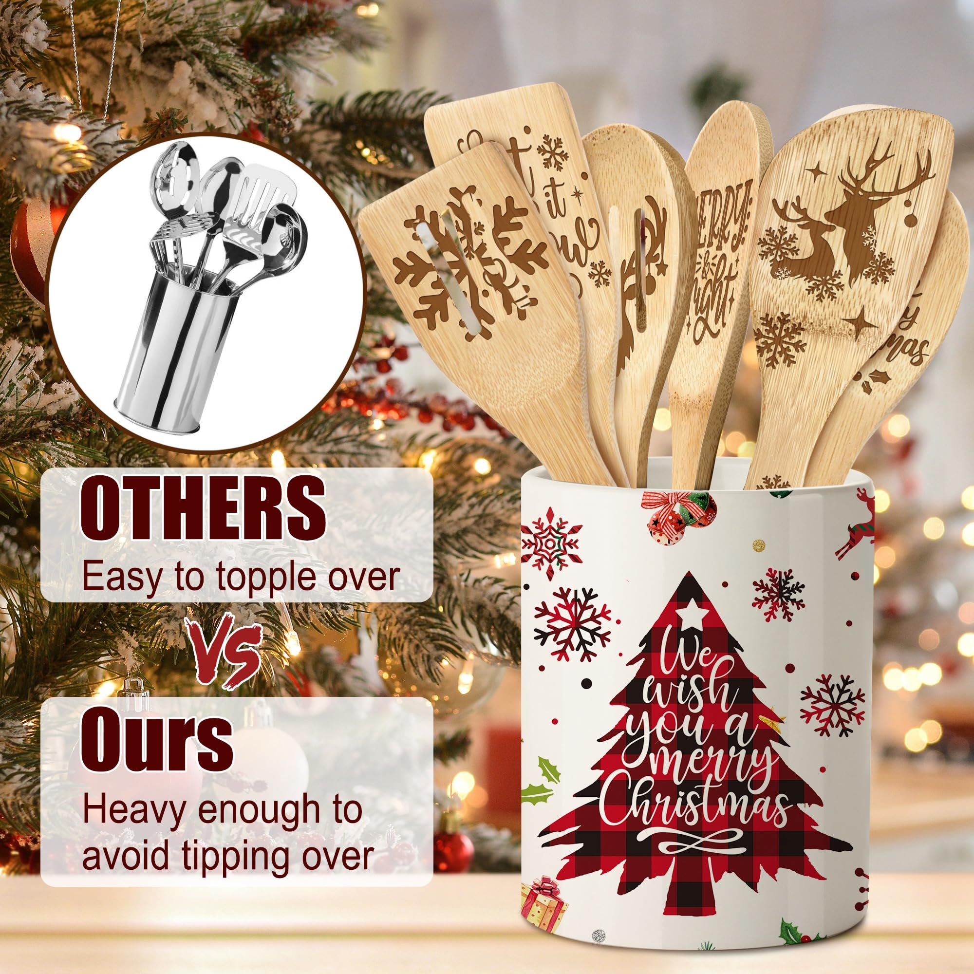 Christmas Decorations, Christmas Utensil Holder for Kitchen Counter, Christmas Tree Indoor Kitchen Decor for Countertop, Kitchen Utensil Organizer with Bamboo Utensils Set(5.12" x 5.12" x 6.3")