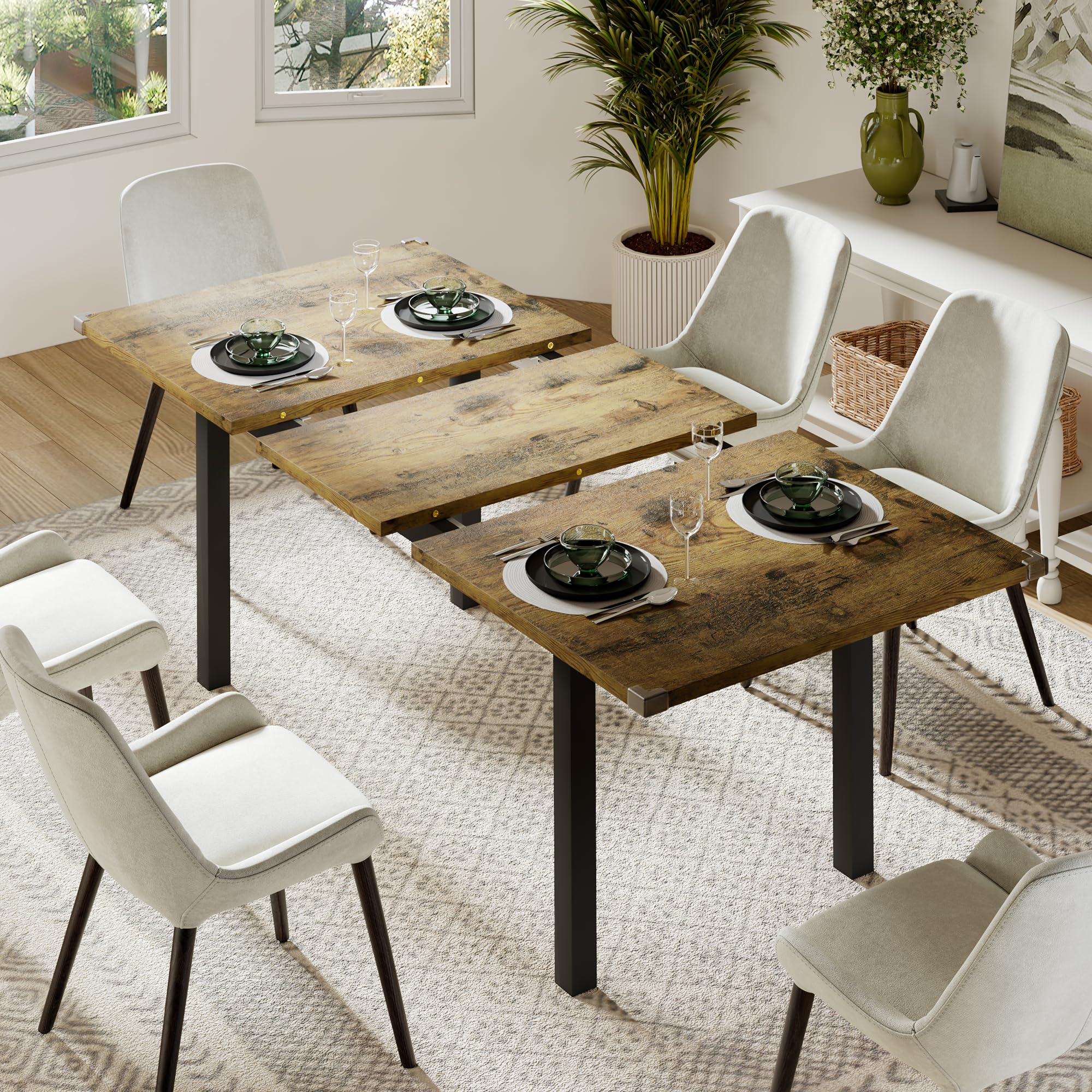 Feonase 63" Extendable Dining Table, Modern Farmhouse Dining Room Table for 4-8, Wooden Kitchen Table for Small Space, Dining Room, Home Office, Living Room Furniture, Rustic Brown